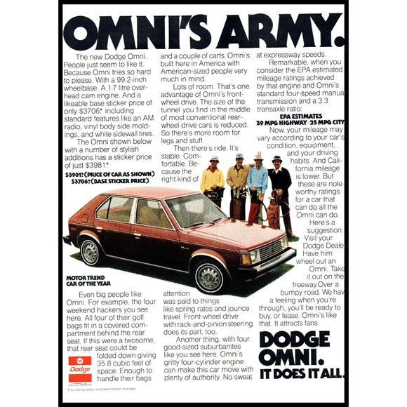 Dodge | Art | 978 Dodge Omni 4 Door Compact Hatchback Vintage Print Ad ...